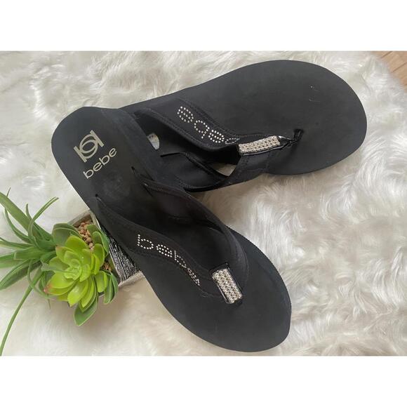 bebe | Shoes | Bebe Black Platform Flip Flop Sandals With Rhinestone ...